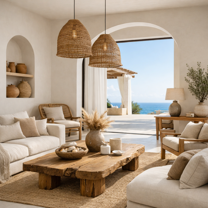 Intérieur méditerranéen moderne — élégance côtière et minimalisme chic ...